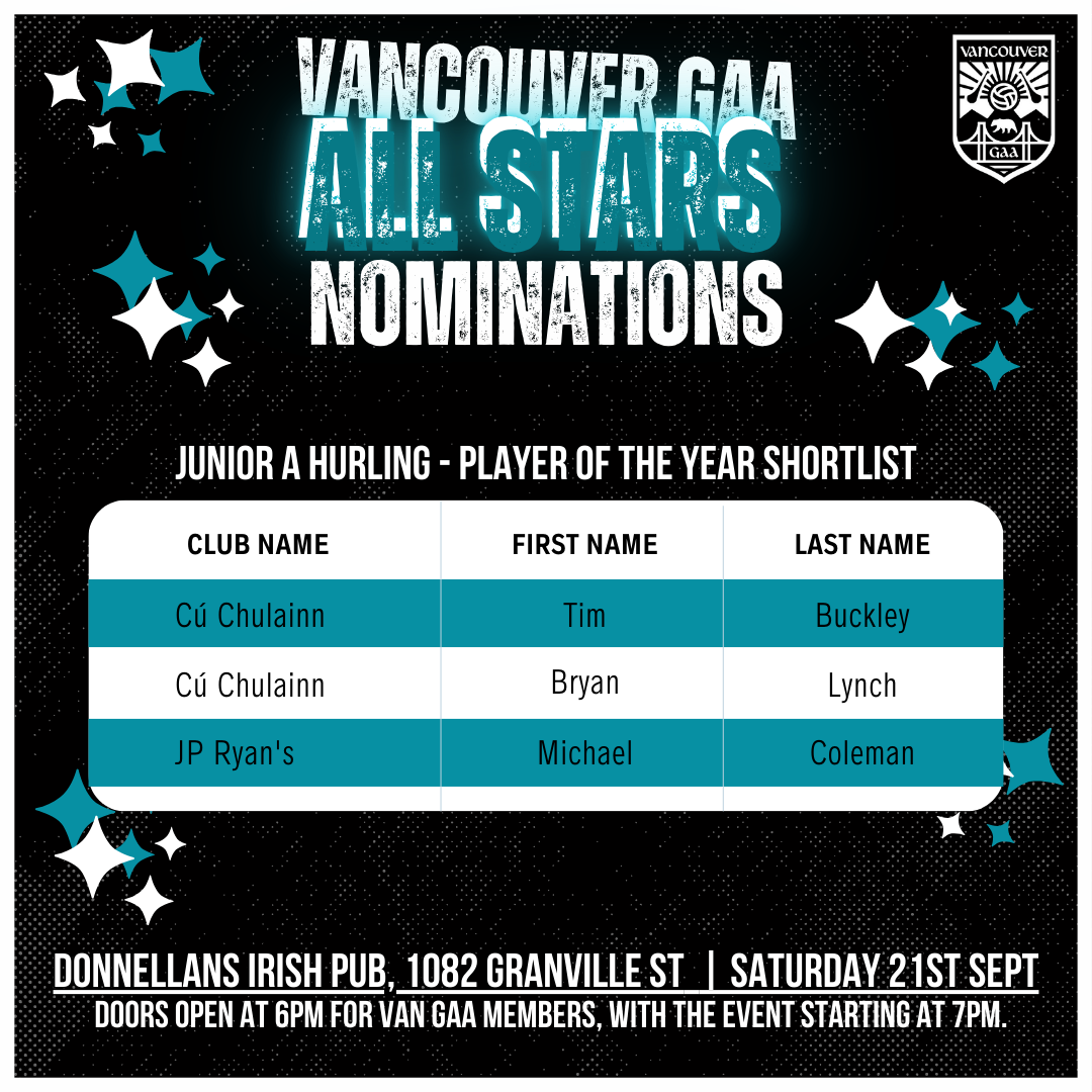 🌟 Junior A Hurling - Player of the Year Nominations 🌟 - Vancouver GAA